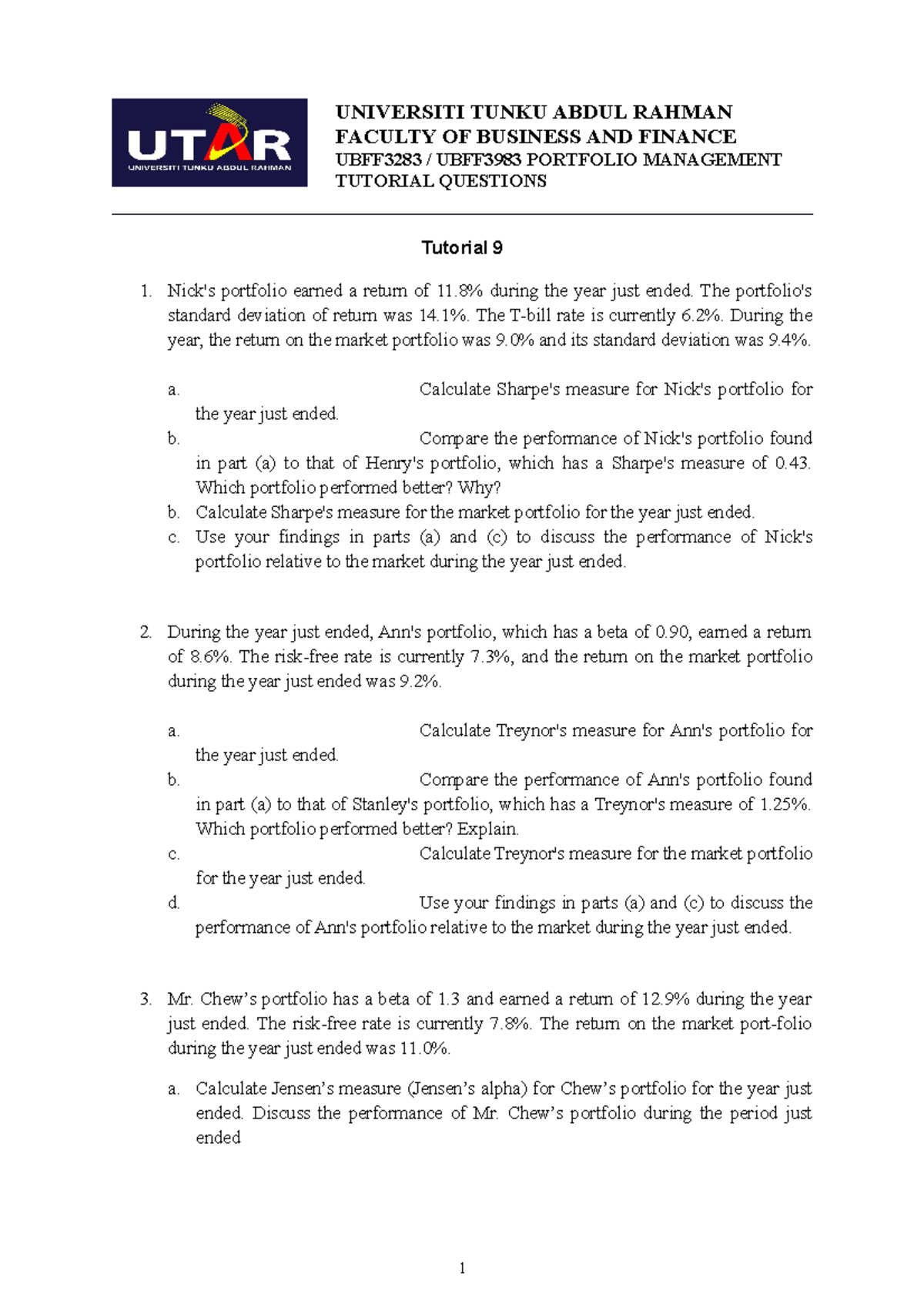 Tutorial 9 Question Revised Universiti Tunku Abdul Rahman Faculty