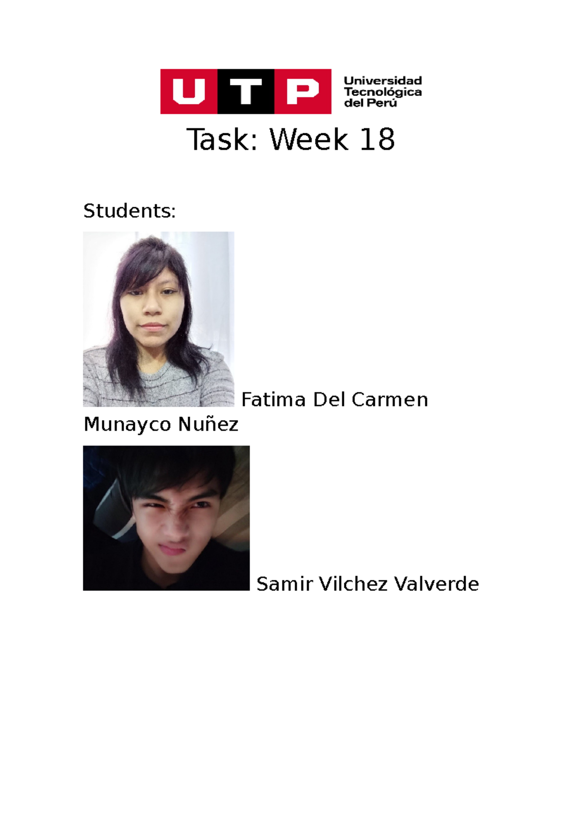 Task Week 18 Final Assigment - Ingles I - Task: Week 18 Students: Fatima Del Carmen Munayco ...
