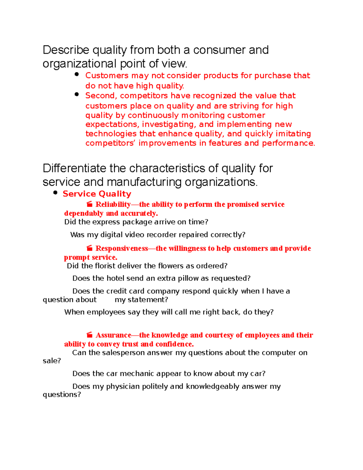 Study Guide ( 3, 4, 5, 6) - Describe quality from both a consumer and ...