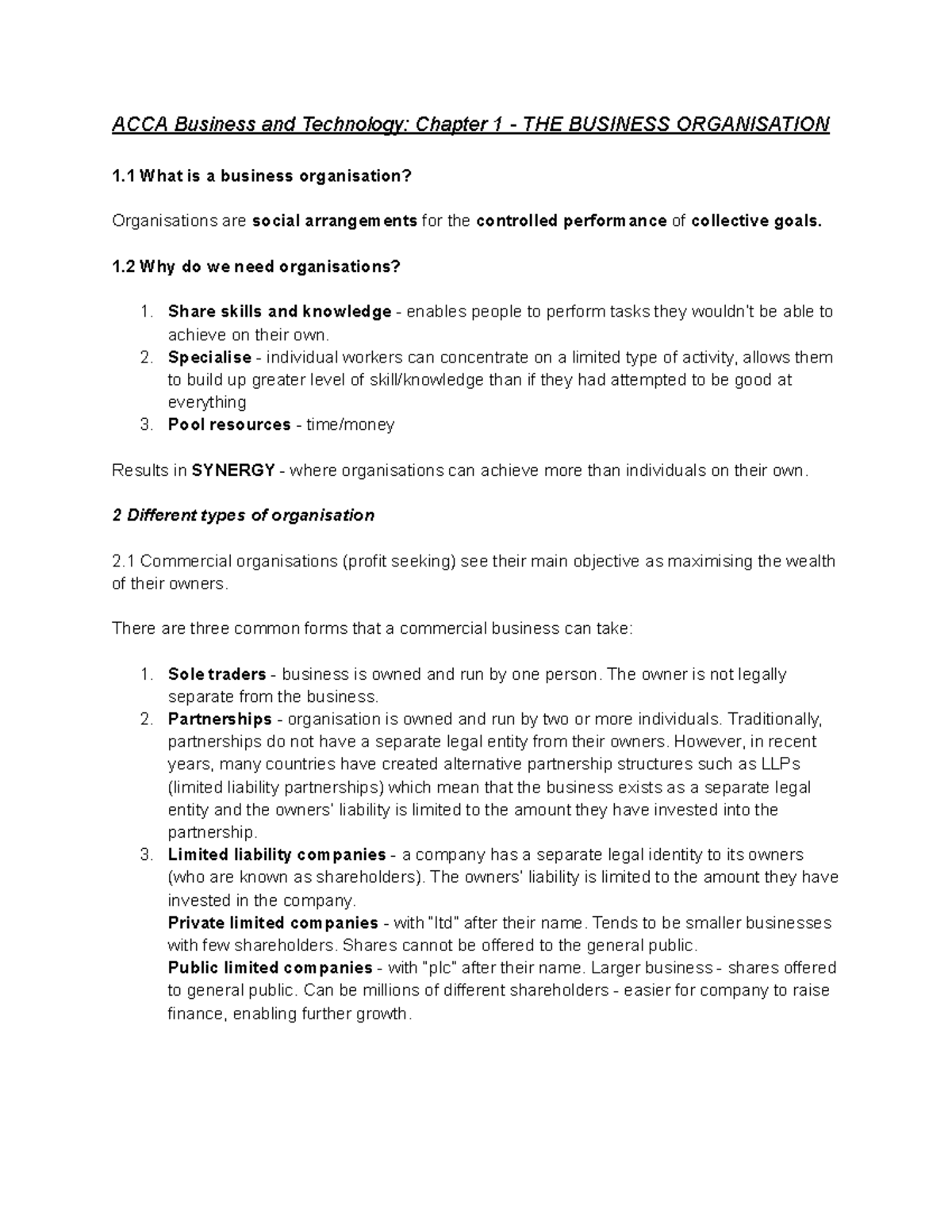 ACCA BT Chapter 1 - The Business Organisation - ACCA Business and ...