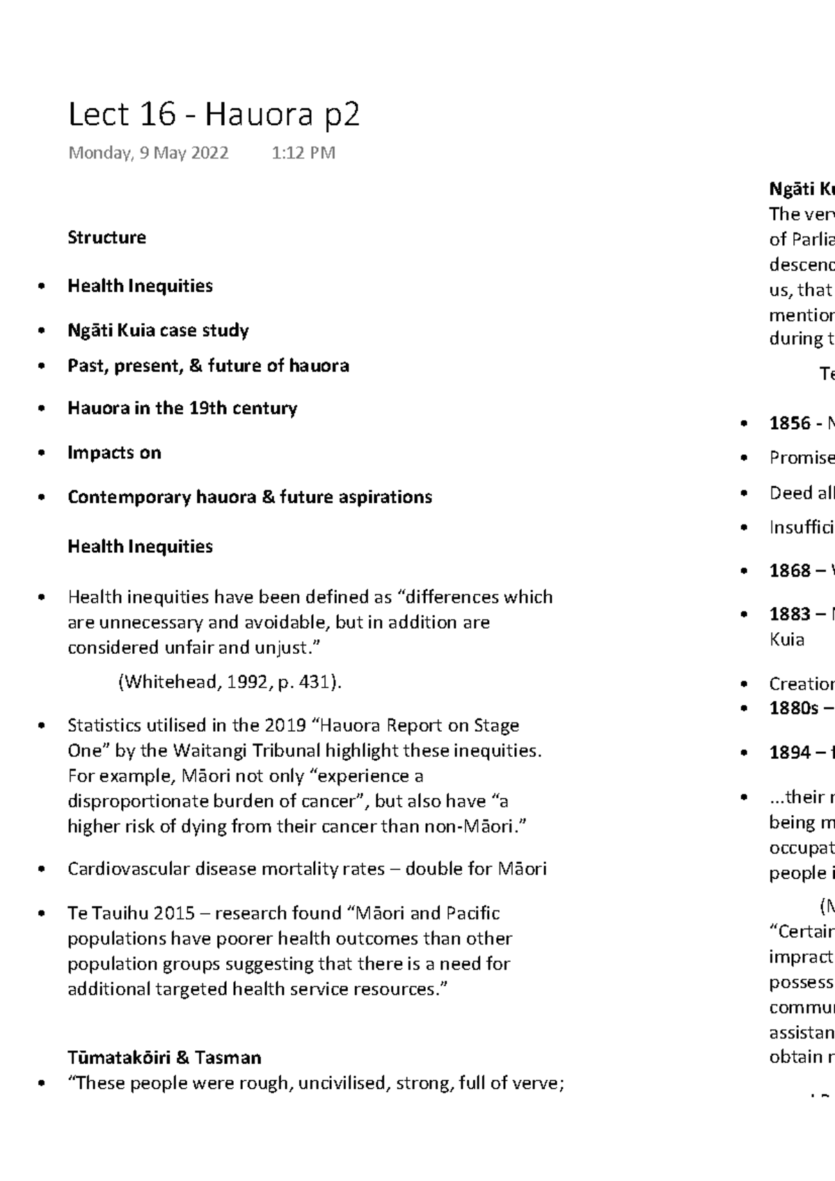 Lect 16 - Hauora p2 - Structure " Health Inequities " Ng ti Kuia case study " Past, - Studocu