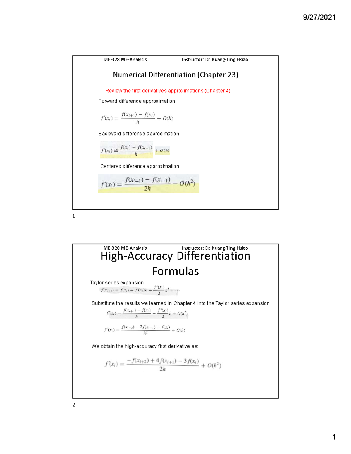 Ch23AB - Numerical Differentiation (Chapter 23), High-Accuracy Differentiation Formulas, - ME ...