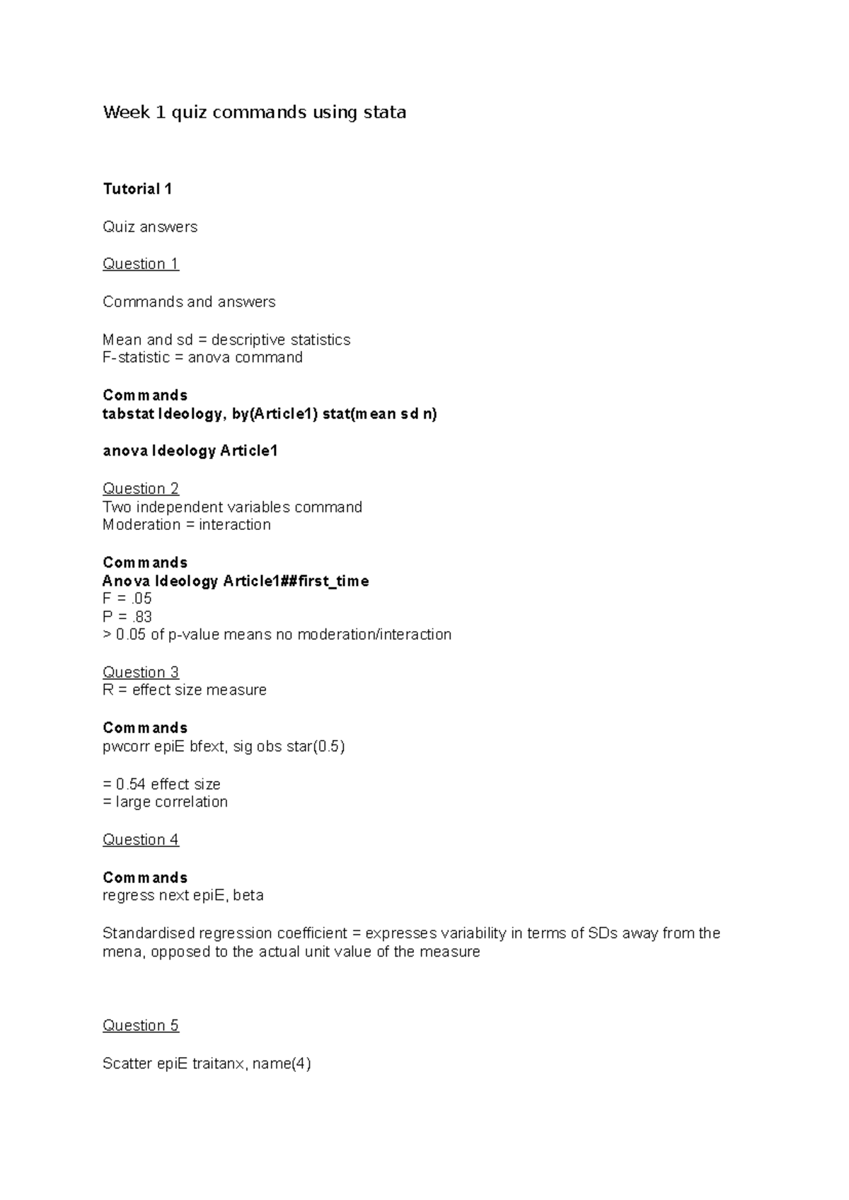 Week 1 quiz commands using stata - Week 1 quiz commands using stata Tutorial 1 Quiz answers ...