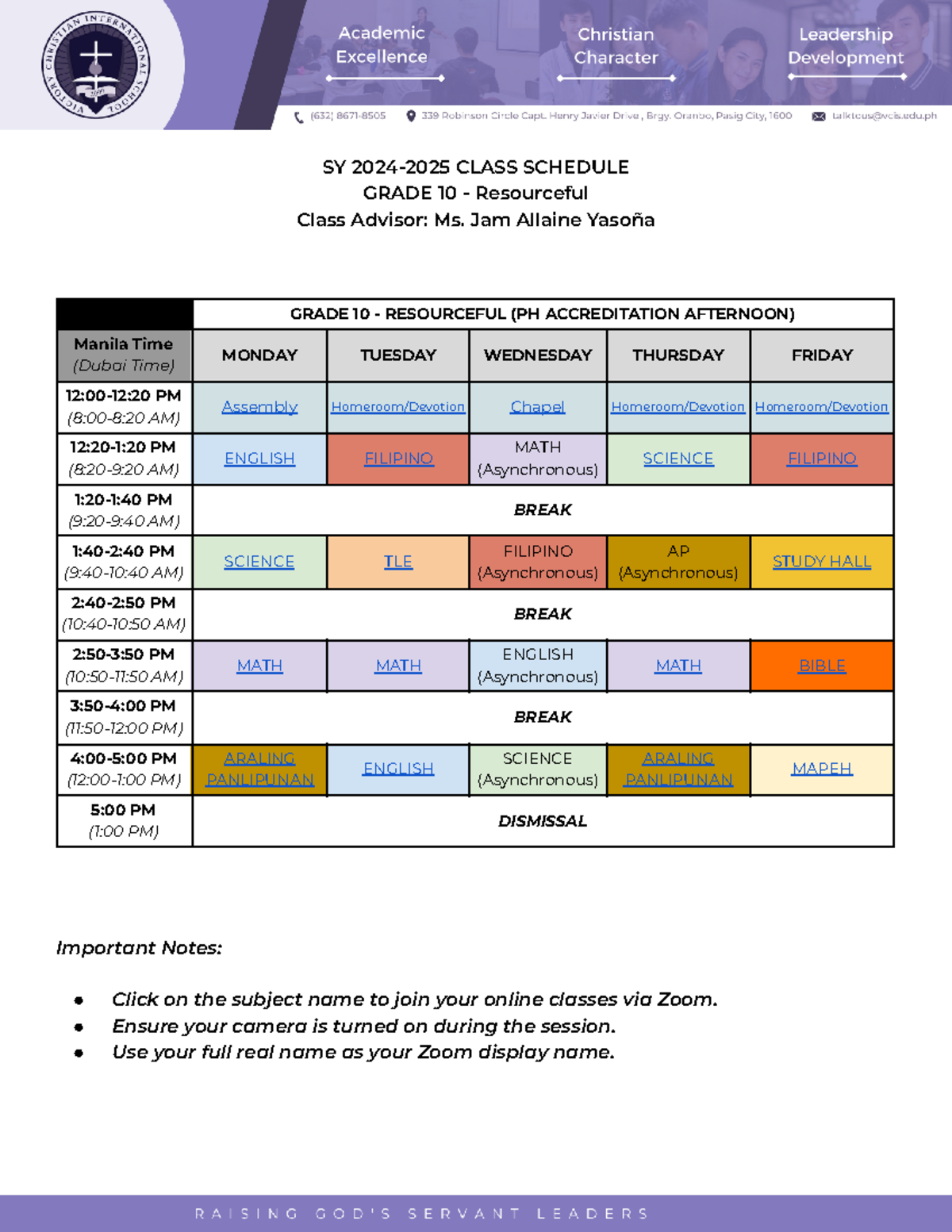 Grade 10 - Resourceful (PH) Class Schedule and GClass Codes SY 2024 ...