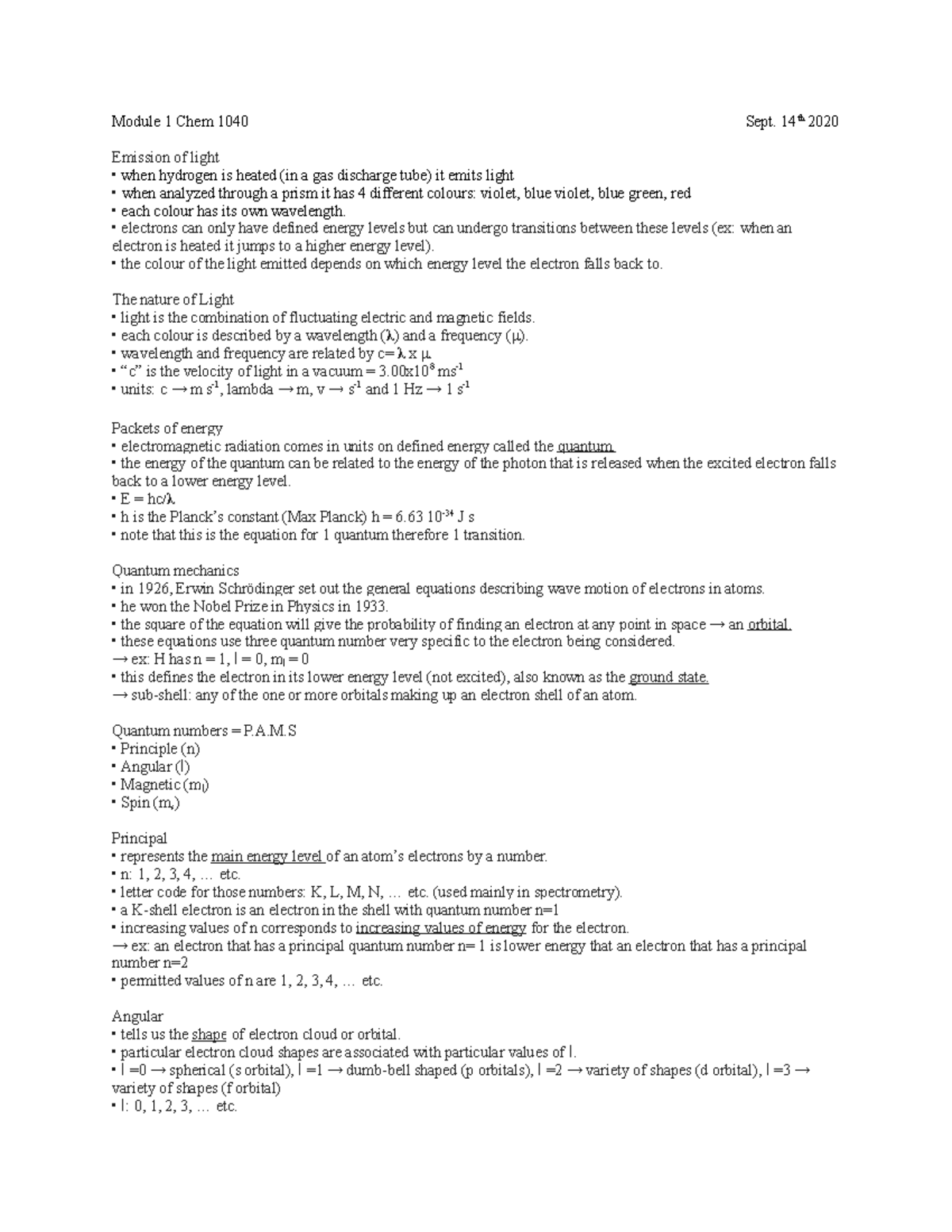 Week 1 Chem 1040 - 1st week notes - Module 1 Chem 1040 Sept. 14th 2020 ...