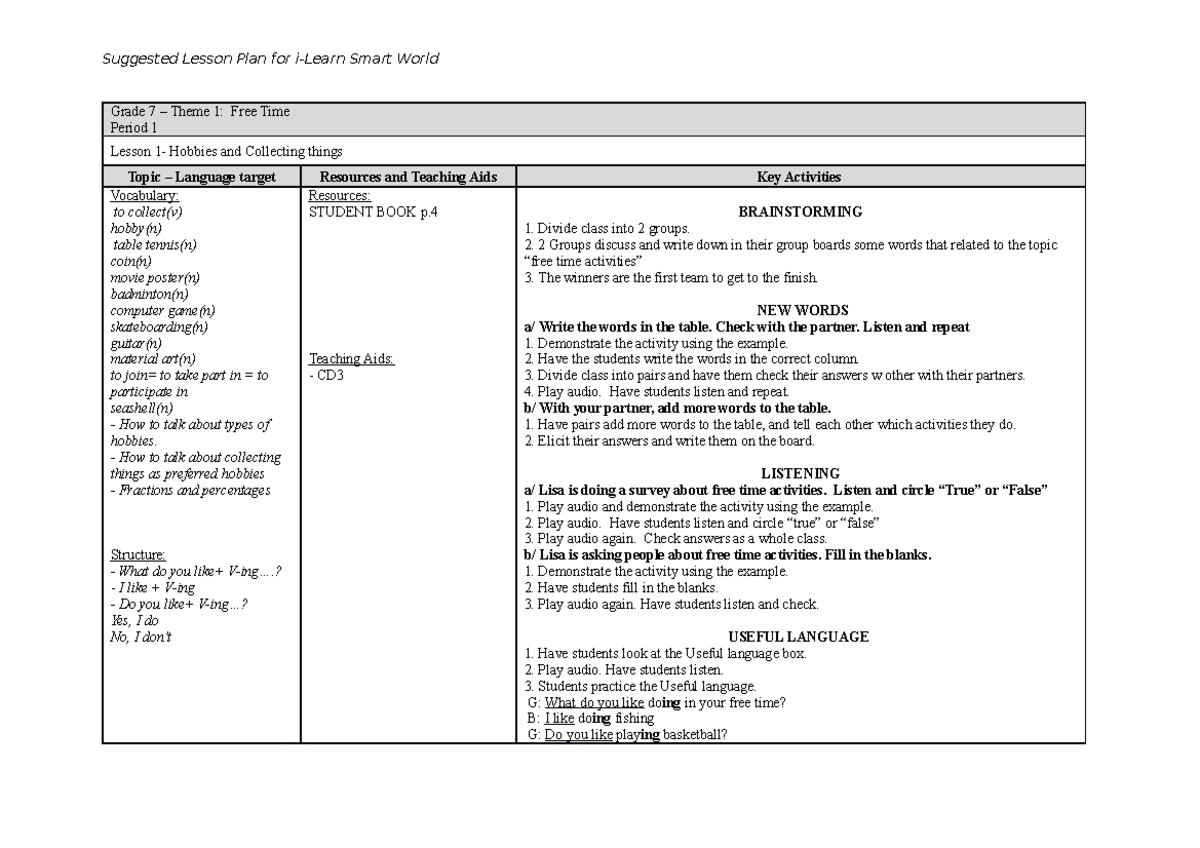 Lesson PLAN Smartworld GR7 T1 - Grade 7 – Theme 1: Free Time Period 1 ...