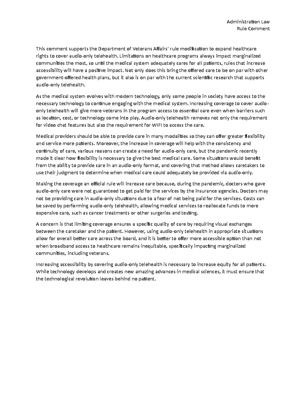 Admin Rule comment [Assignment] - Administration Law Rule Comment This ...