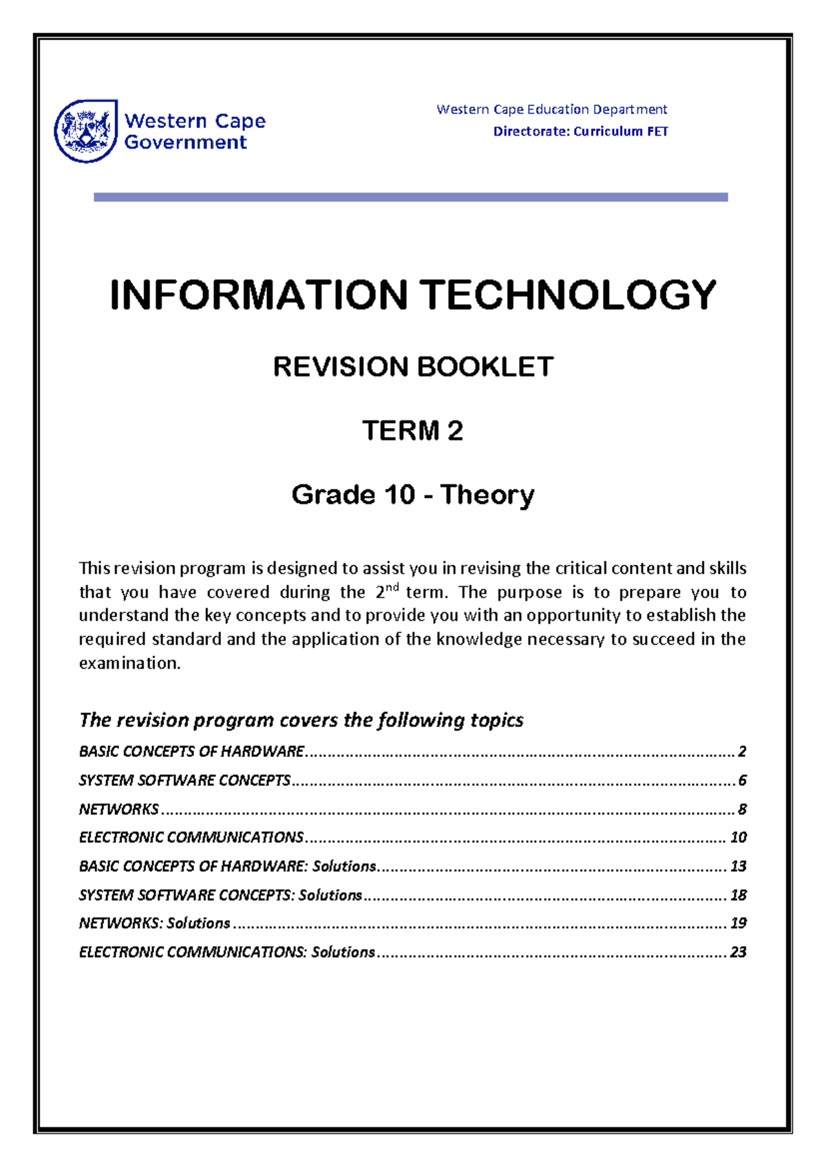 Gr 10 IT Revision Book T2 Theory - Western Cape Education Department Directorate: Curriculum FET ...