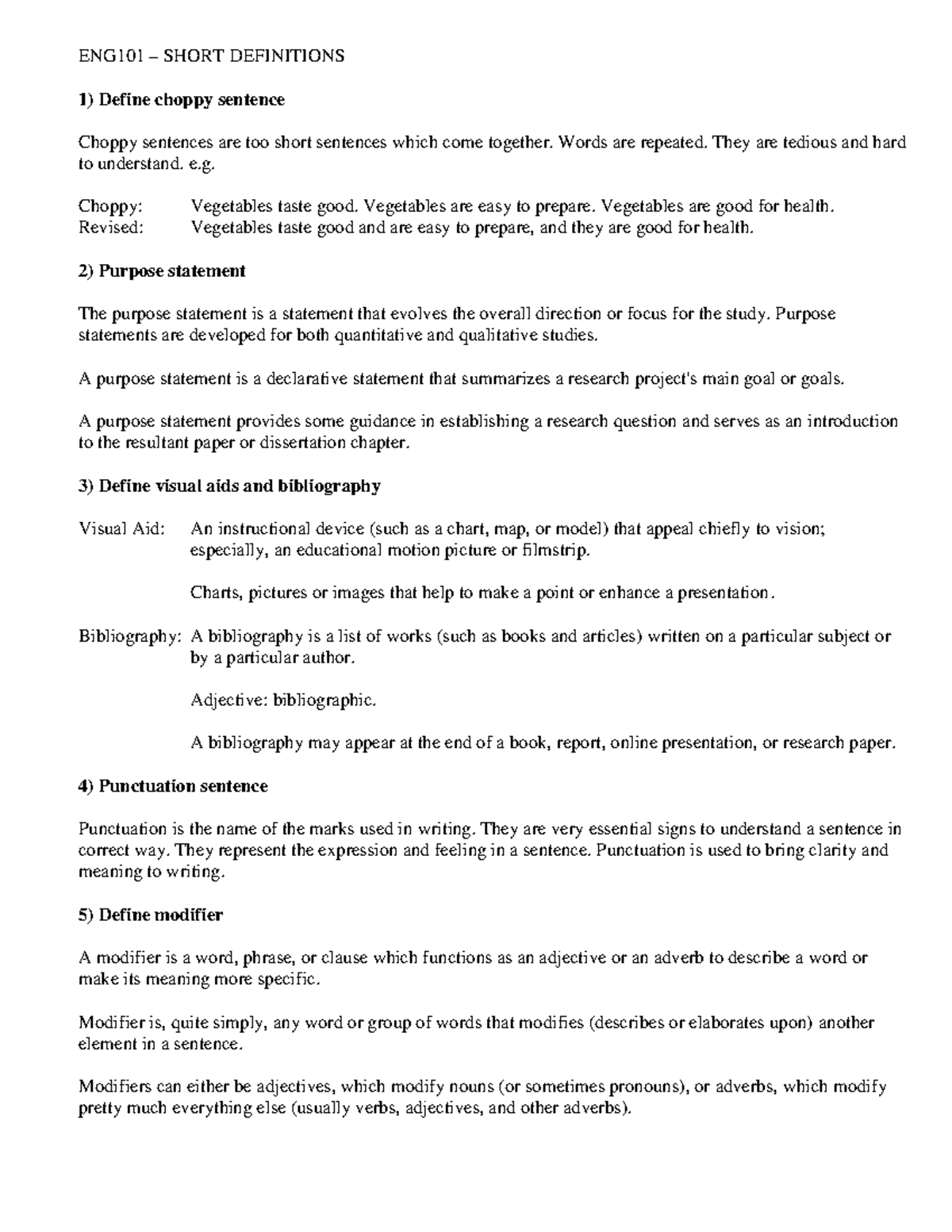 ENG101 - Short Definitions-1 - ENG 101 – SHORT DEFINITIONS Define ...