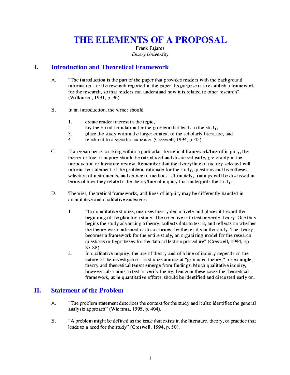 Elements Ofa Proposal - THE ELEMENTS OF A PROPOSAL Frank Pajares Emory ...
