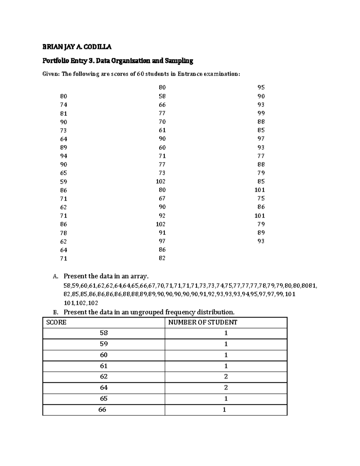 Portfolio Entry 3. Data Organization and Sampling Brian JAY A. Codilla ...