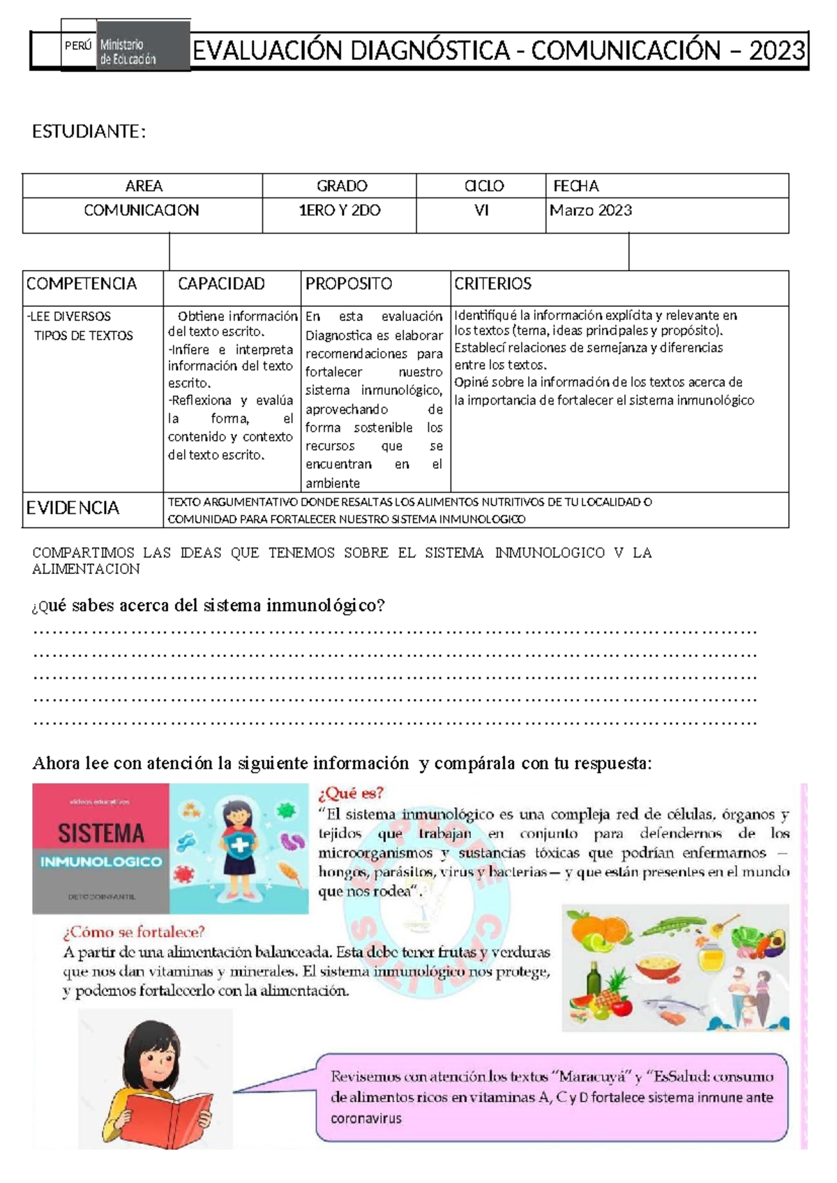 Evaluacion Diagnostica -1ERO Y 2DO Grado Comunicacion - EVALUACIÓN DIAGNÓSTICA - COMUNICACIÓN ...