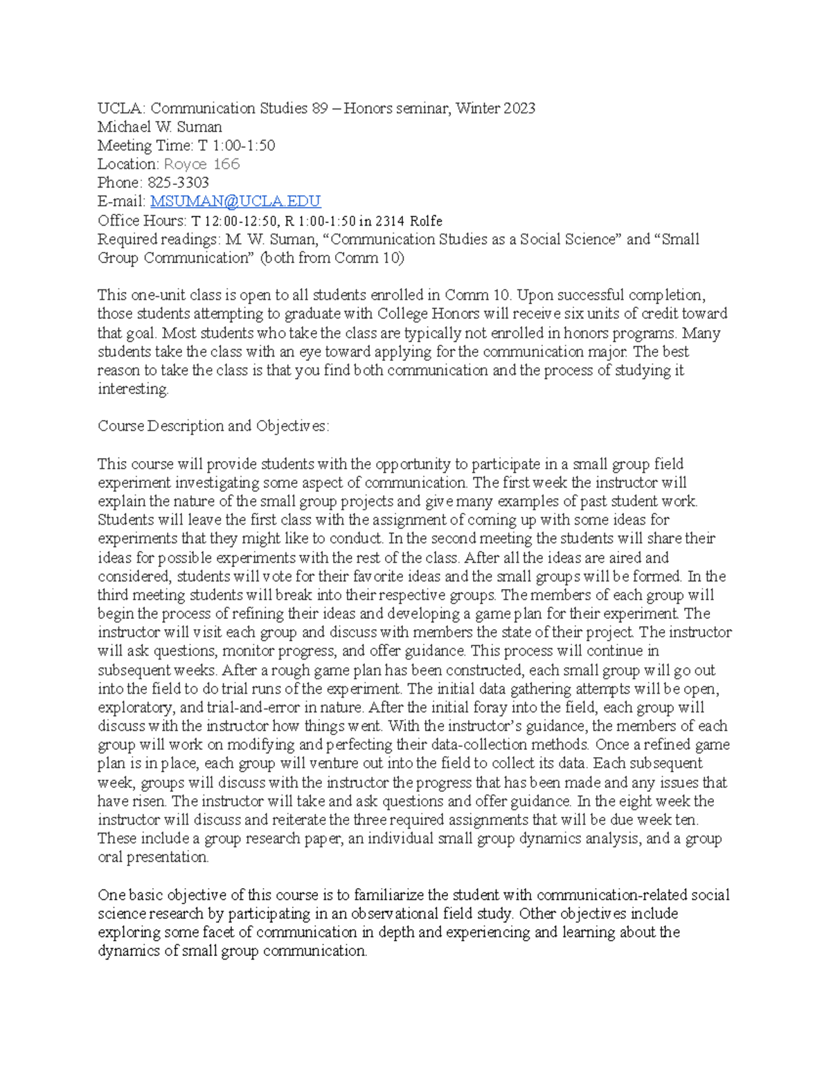 Comm 89 syllabus winter 2023 - UCLA: Communication Studies 89 – Honors seminar, Winter 2023 ...