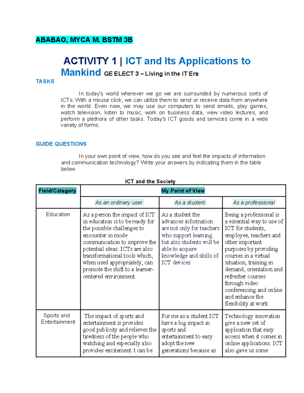 Activity-1-LITE M - ABABAO, MYCA M. BSTM 3B ACTIVITY 1 | ICT and Its ...