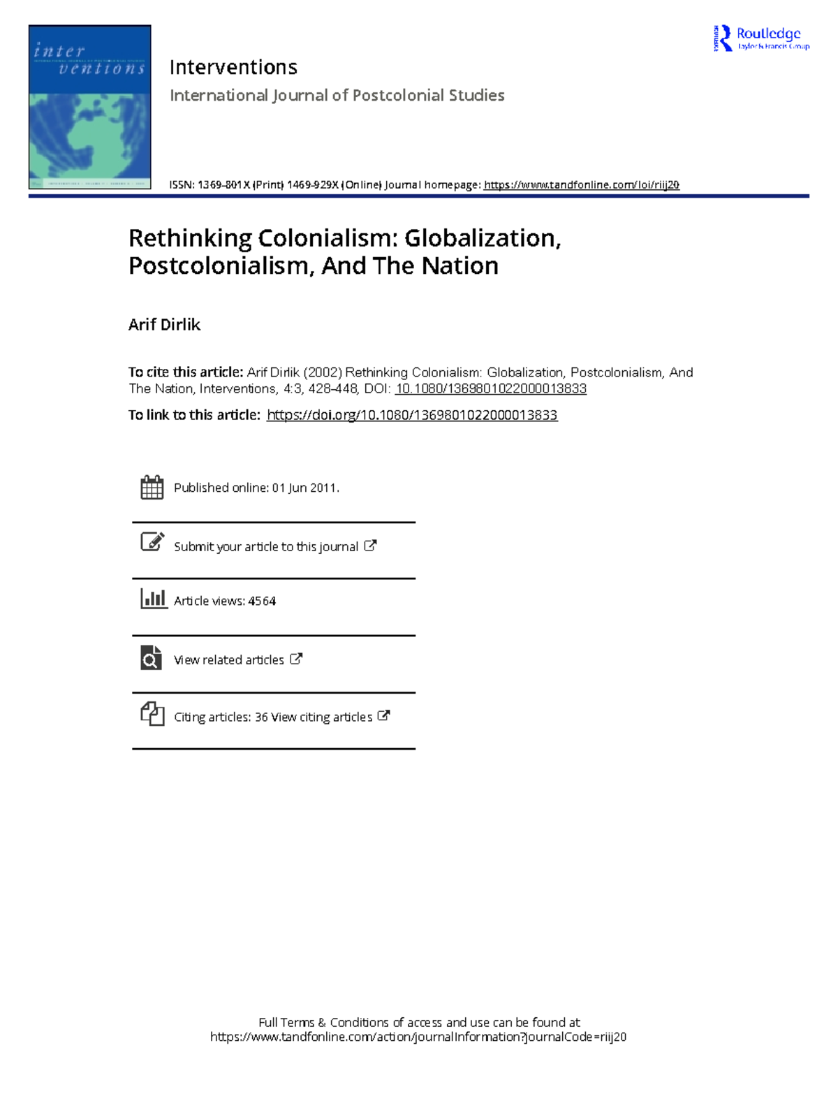 Rethinking Colonialism Globalization Postcolonialism And The Nation A Dirlik - Full Terms ...