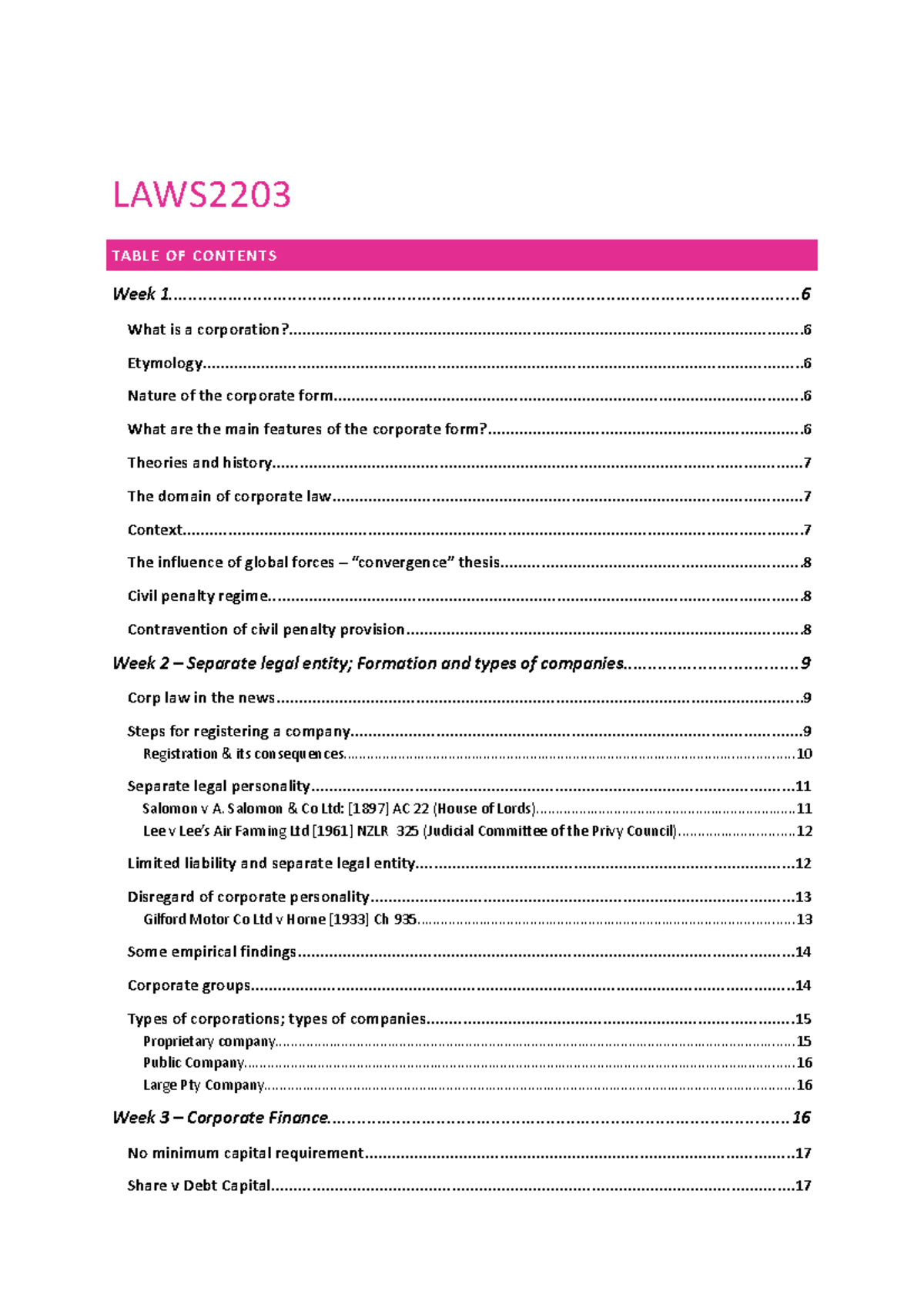 LAWS2203 - Lecture Notes - TABLE OF CONTENTS LAWS Week - Studocu
