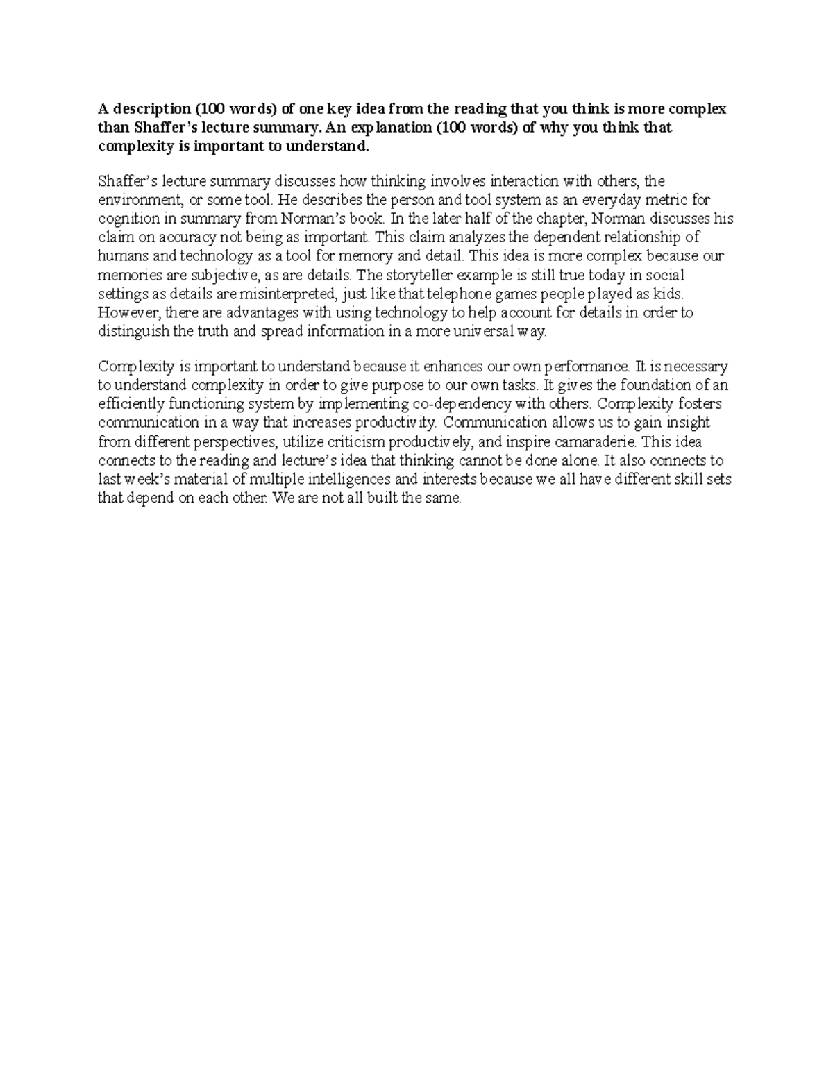 Distributed Cognition Reading Lecture Response - A description (100 ...