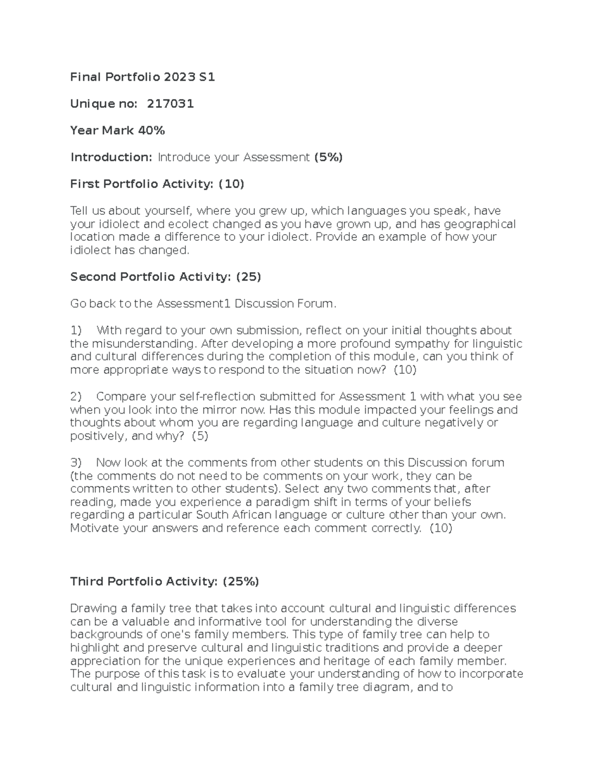 Final Portfolio Assessment 6 - Final Portfolio 2023 S Unique no: 217031 ...