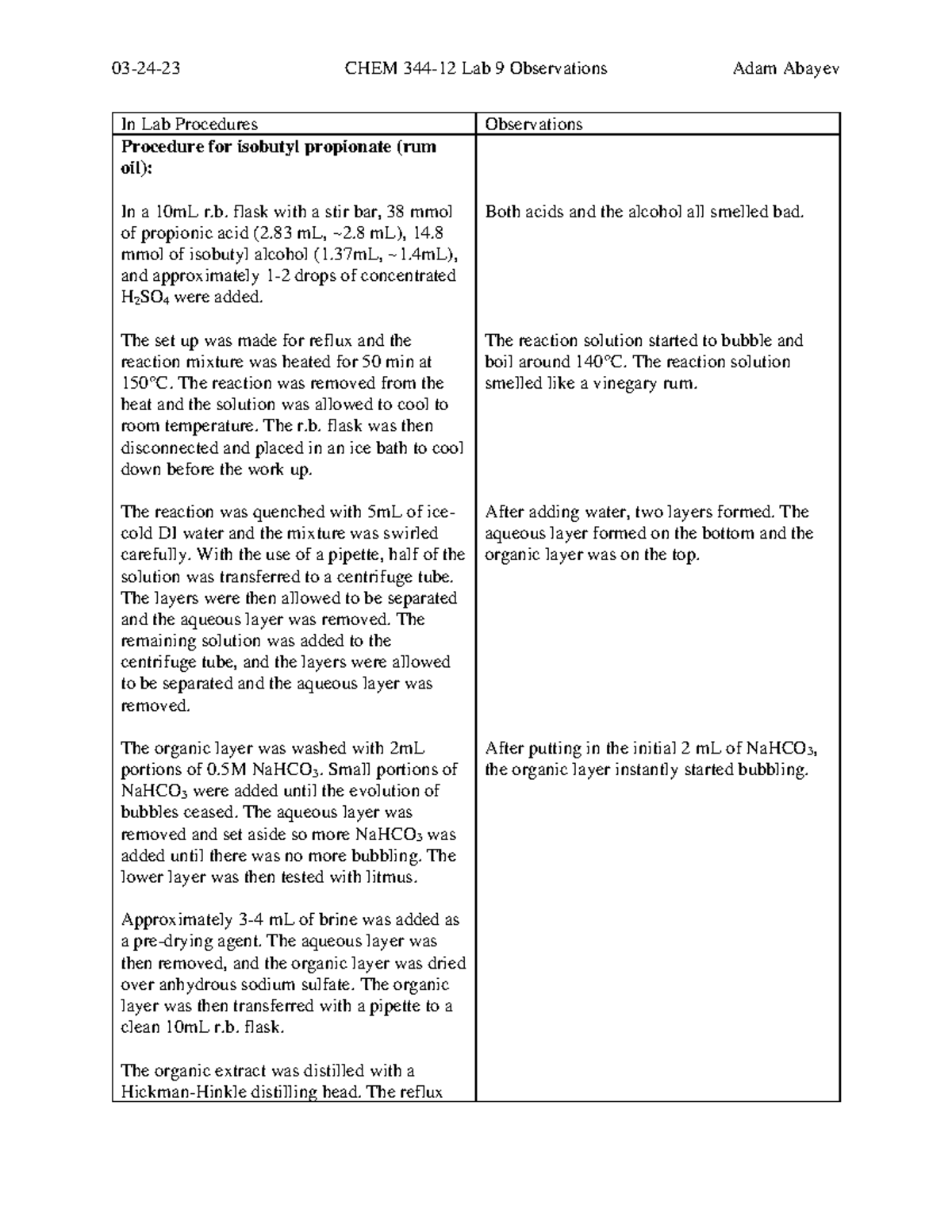 CHEM 344 - Lab 9 Observations - 03 - 24 - 23 CHEM 344-12 Lab 9 ...