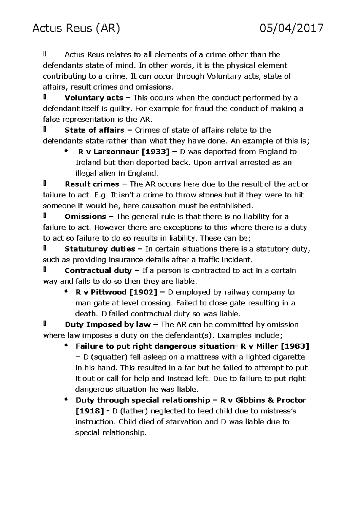 Criminal Notebook - Actus Reus (AR) Actus Reus relates to all elements ...
