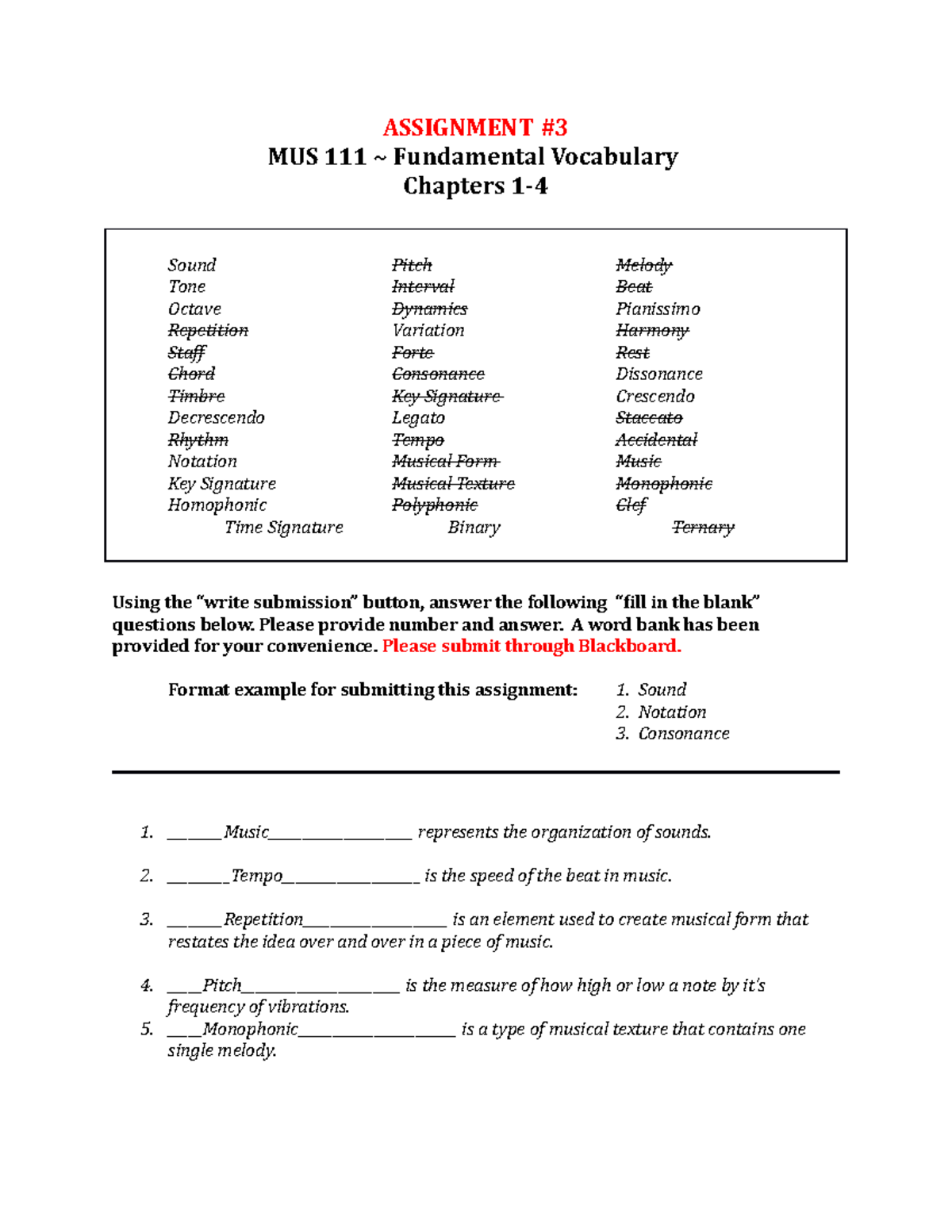 Assignment #3 Fundamental Vocabulary - ASSIGNMENT MUS 111 ~ Fundamental ...
