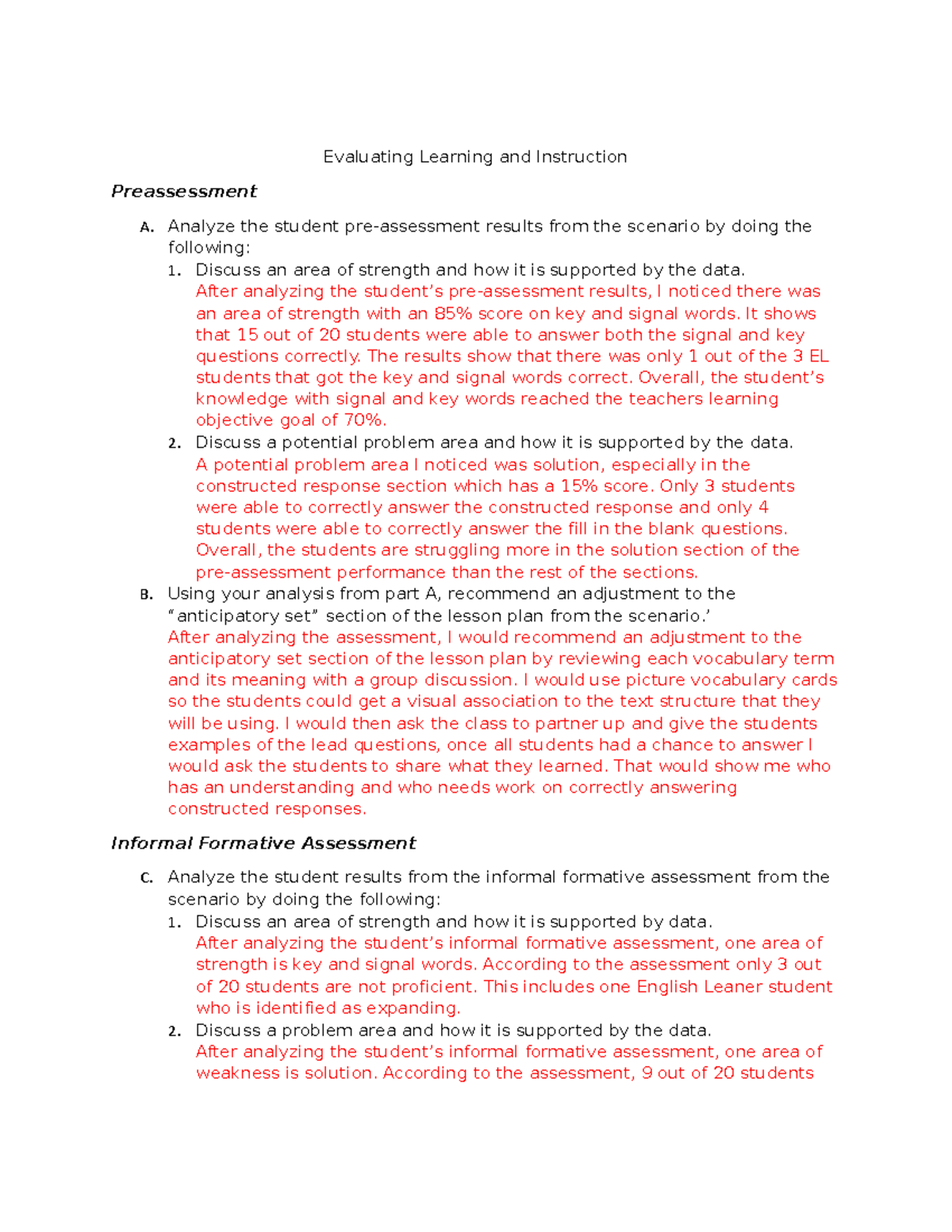 Task 2- Evaluating Learning and Instruction - Evaluating Learning and Instruction Preassessment ...
