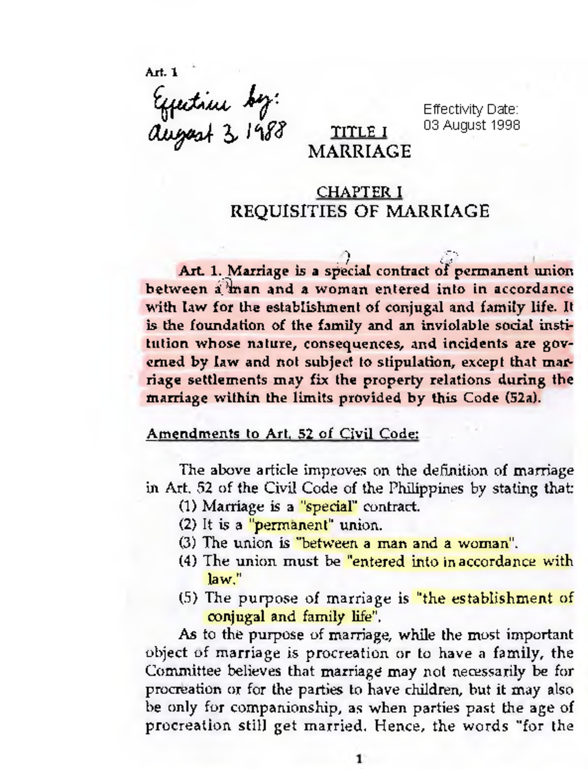 Family Code - Sempio-Diy - Art. TITLE I MARRIAGE Effectivity Date: 03 August 1998 CHAPTER I ...