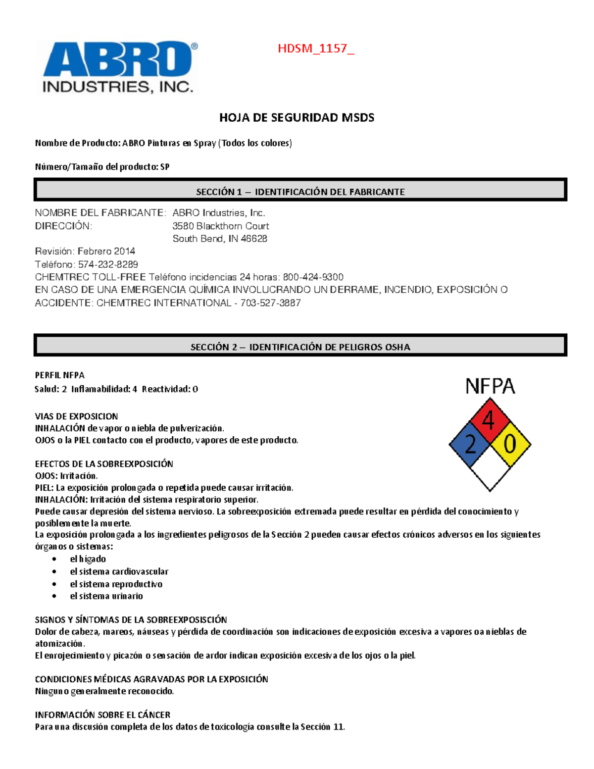 HDSM 1157 ABRO Pinturas EN Spray ( Todos LOS Colores) FEB - HOJA DE ...