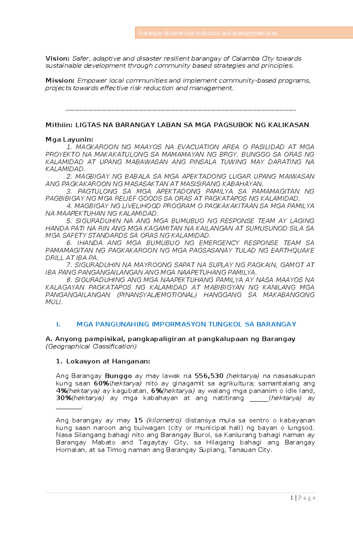Barangay disaster risk reduction and management plan template 1 ...