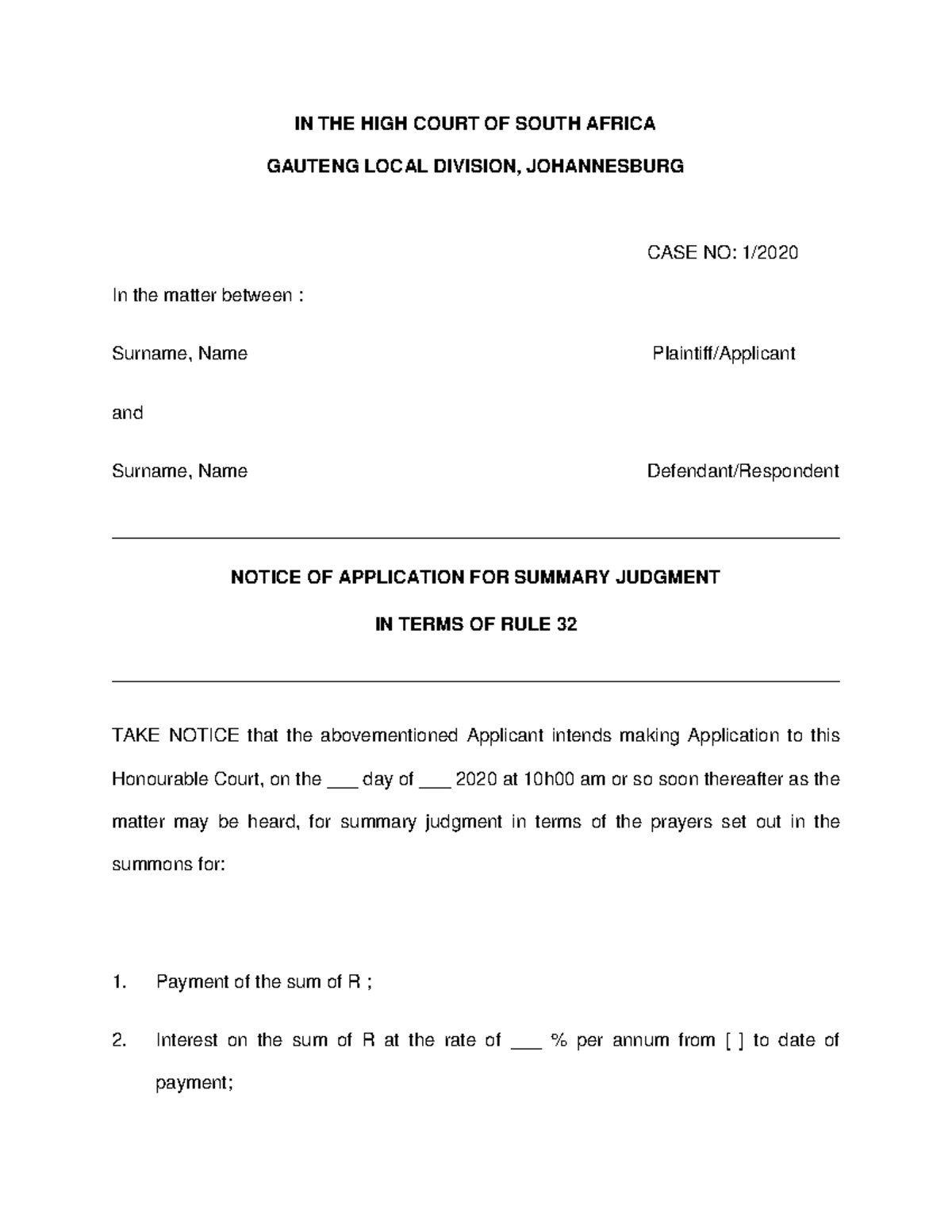 7208635 - Sample of Legal Drafting - IN THE HIGH COURT OF SOUTH AFRICA ...