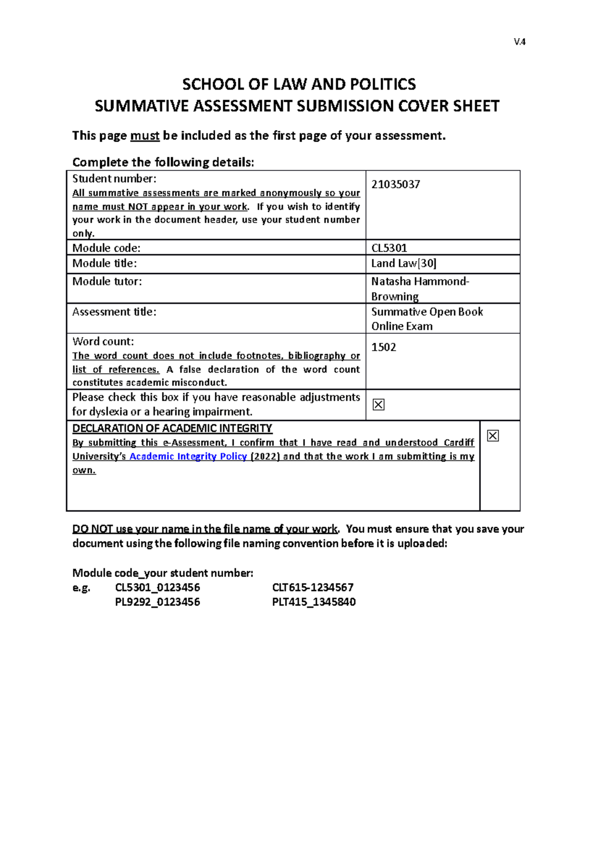 CL5301 21035037 - V. SCHOOL OF LAW AND POLITICS SUMMATIVE ASSESSMENT SUBMISSION COVER SHEET This ...