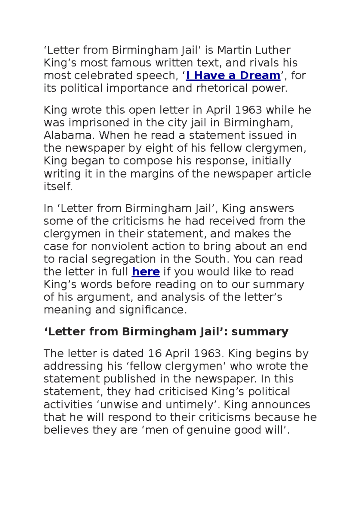 Letter from Birmingham Jail - ‘Letter from Birmingham Jail’ is Martin ...