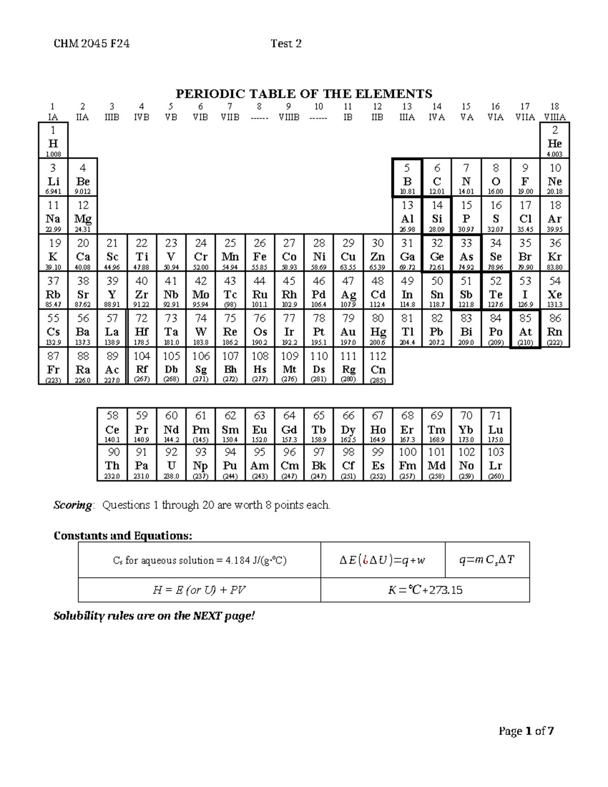 CHM 2045 Exam 2 Practice Test - PERIODIC TABLE OF THE ELEMENTS 1 IA 2 ...