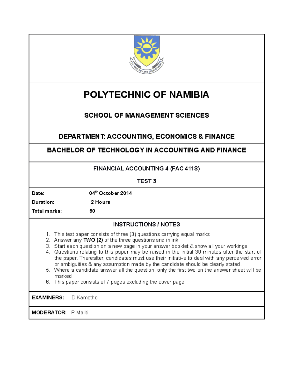 FAC 411S TEST 3 - 2014 Semester 2 - POLYTECHNIC OF NAMIBIA SCHOOL OF ...