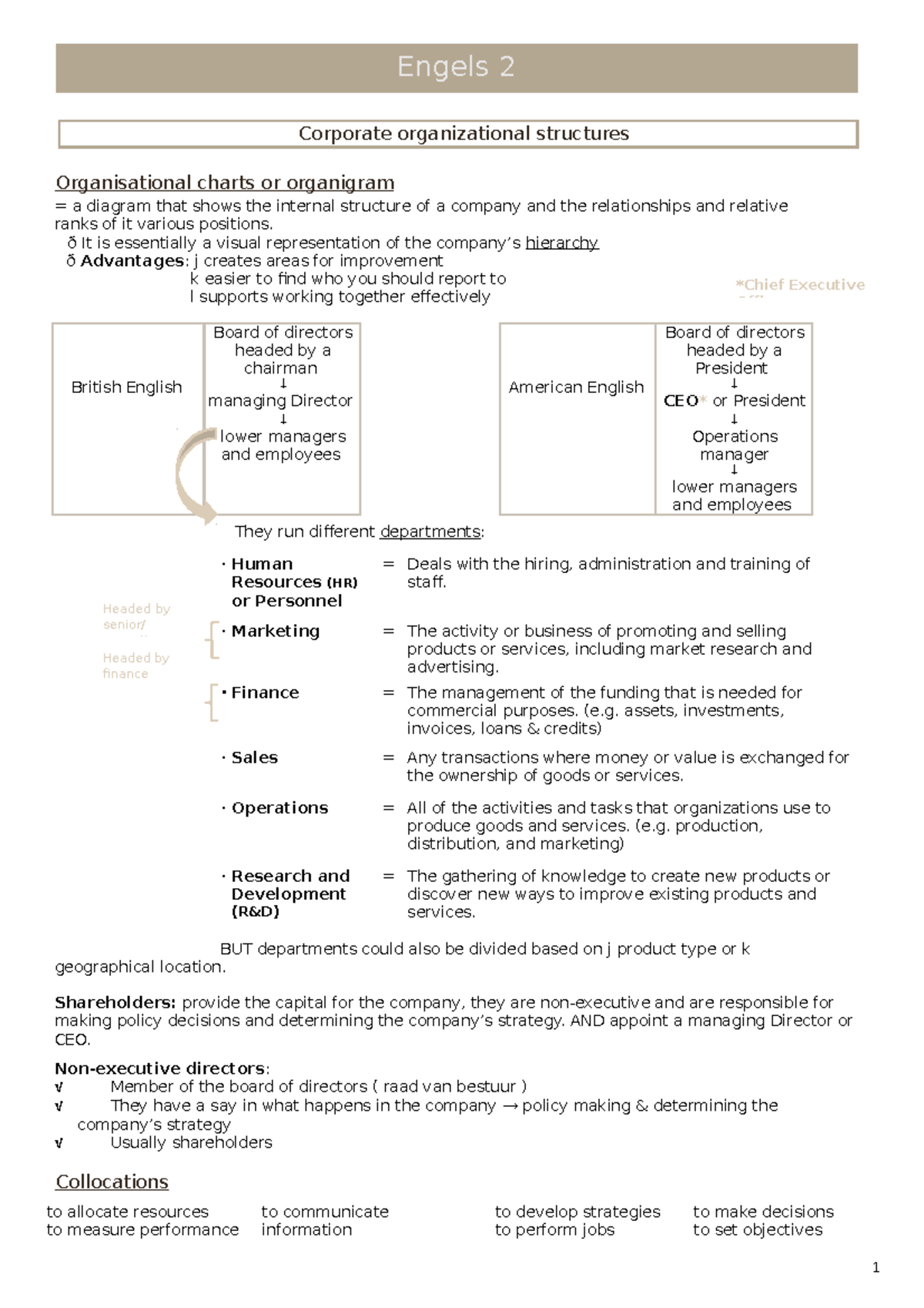 eerste test engels 2 - Engels 2 Corporate organizational structures ...
