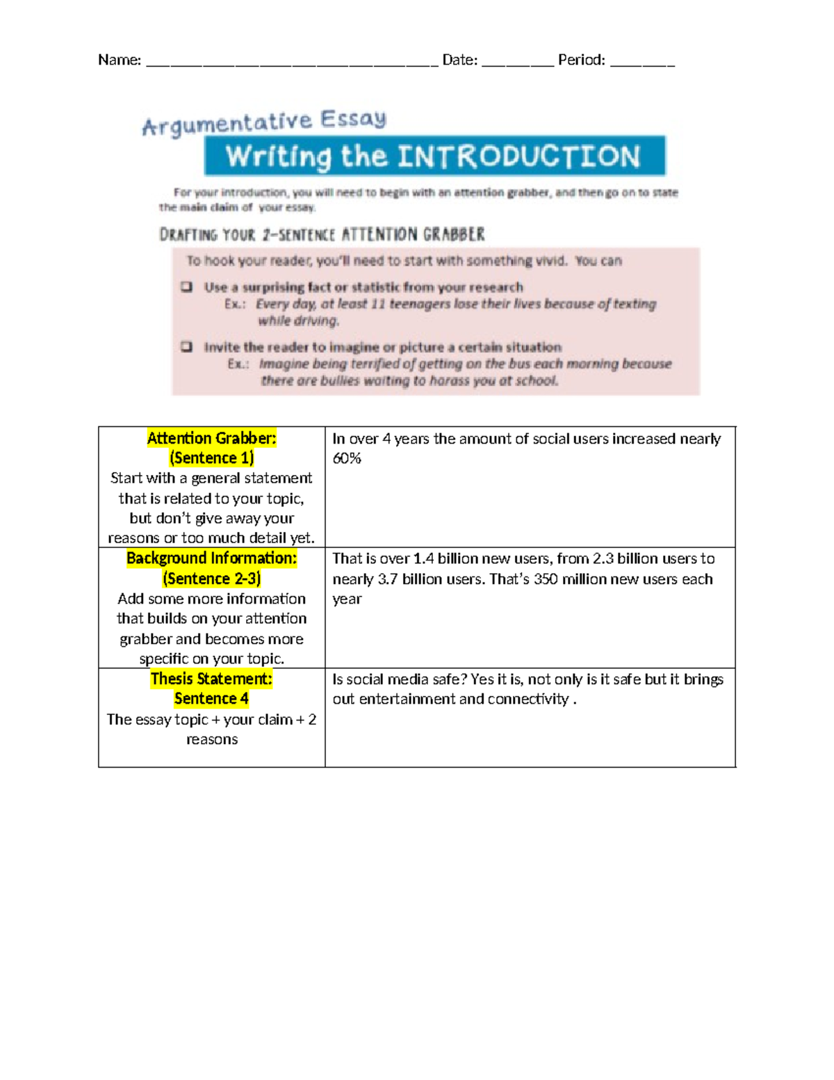 Argumentative Essay Template - Attention Grabber: (Sentence 1) Start ...