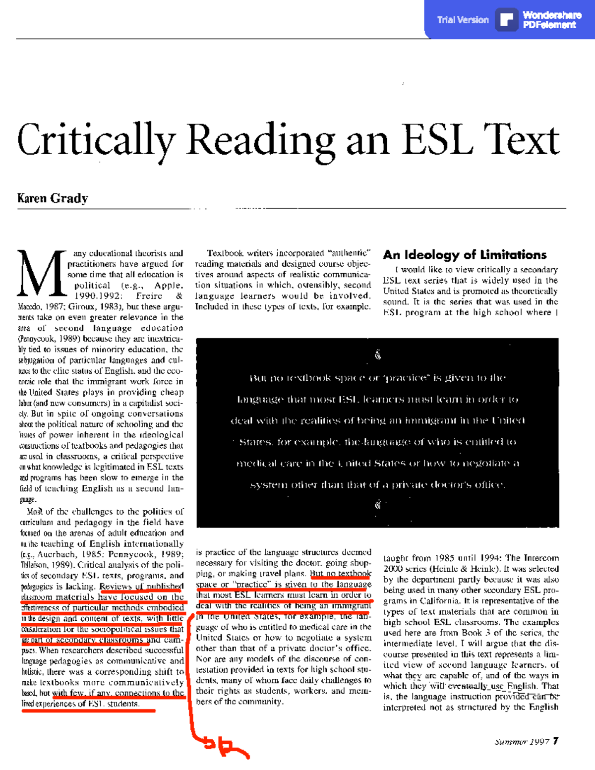 Week 7b - Grady 1997 Critically reading ESL text - l I I I I I ...