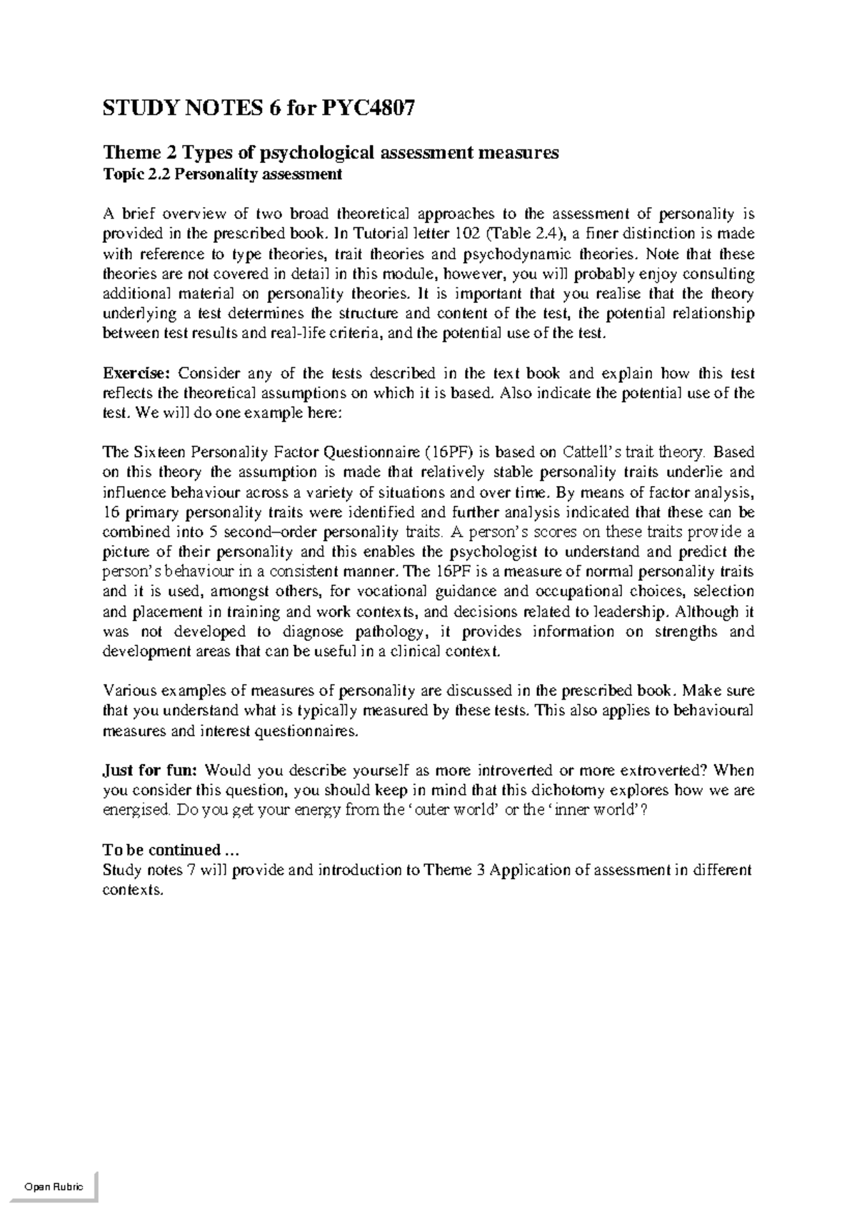 Study Notes 6 for PYC4807 - STUDY NOTES 6 for PYC Theme 2 Types of ...