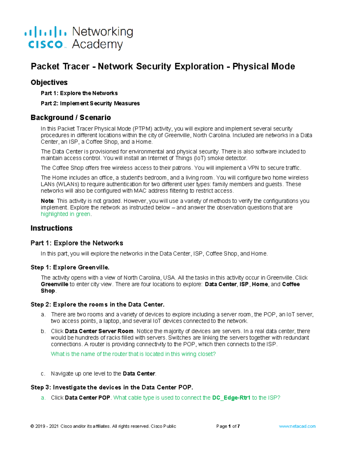 Lab Assignment 3 - Network Security Observation Exercise - Packet Tracer 3 - Objectives Part 1 ...