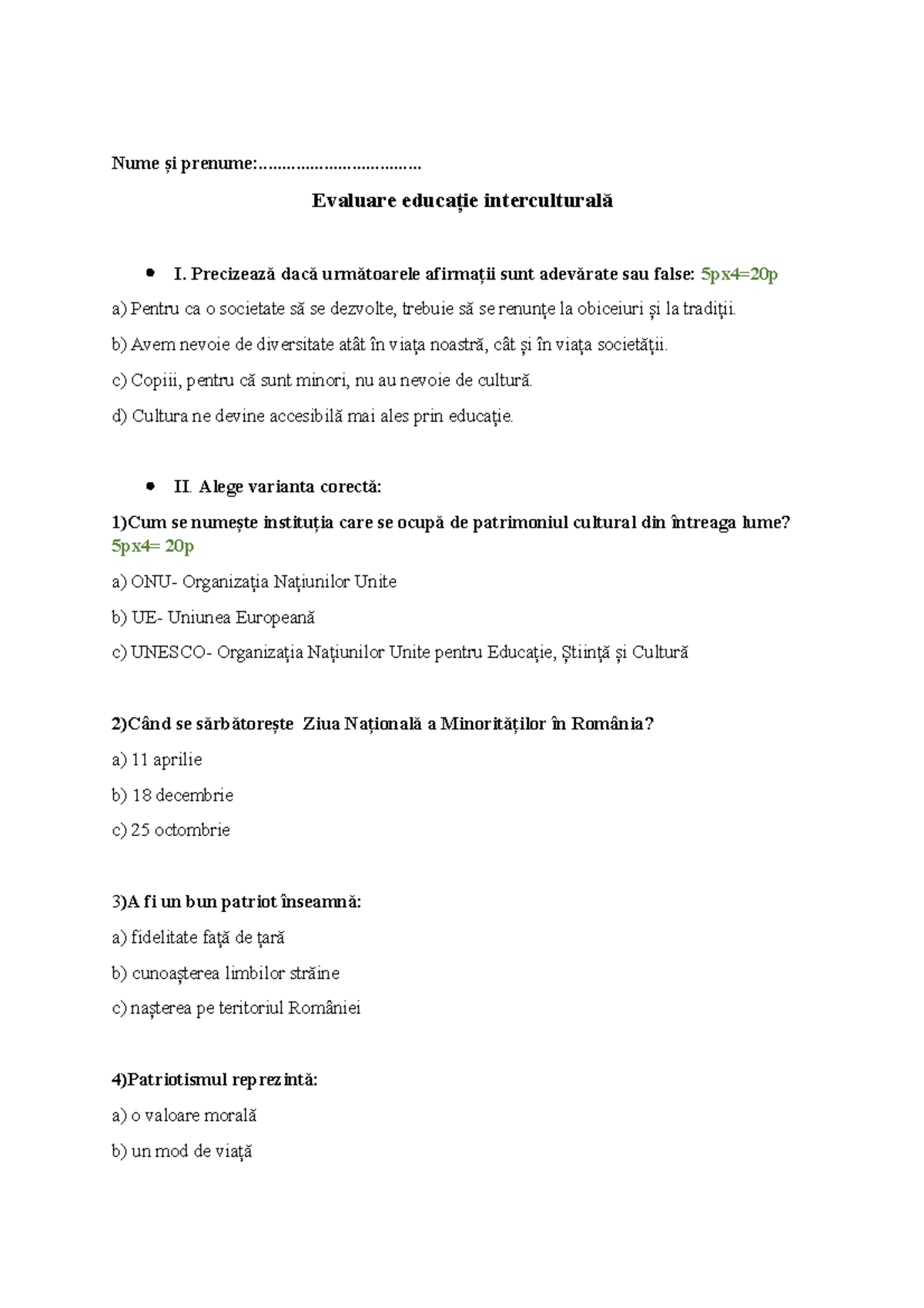 Test /lucrare educatie sociala 2020 - Nume și prenume