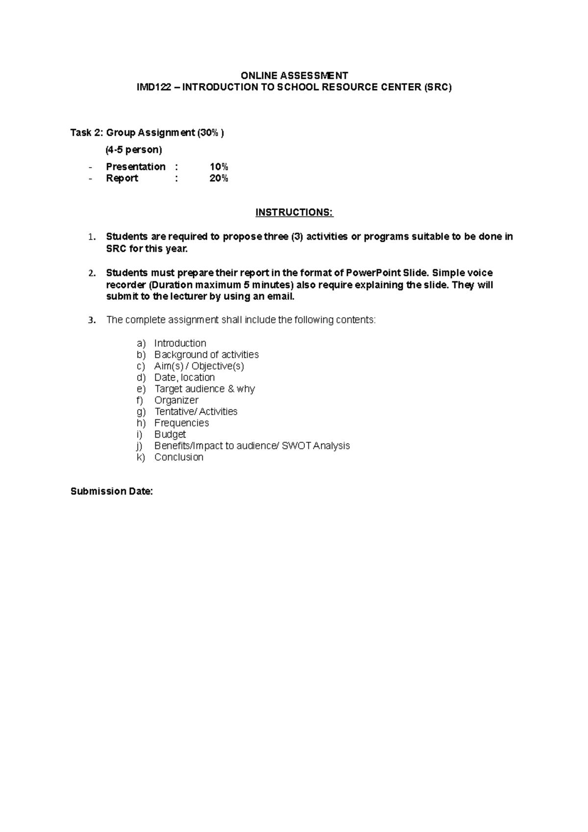 Group Assignment ODL Guideline - ONLINE ASSESSMENT IMD122 ...