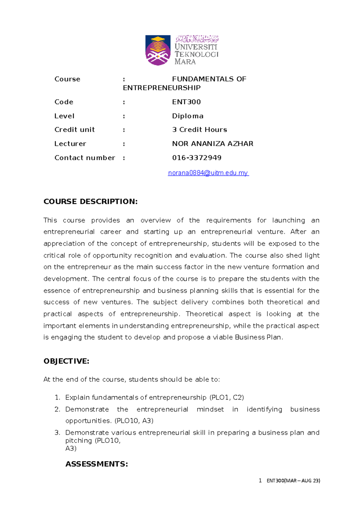 ENT300 Lesson PLAN Mar23 - Course : FUNDAMENTALS OF ENTREPRENEURSHIP ...