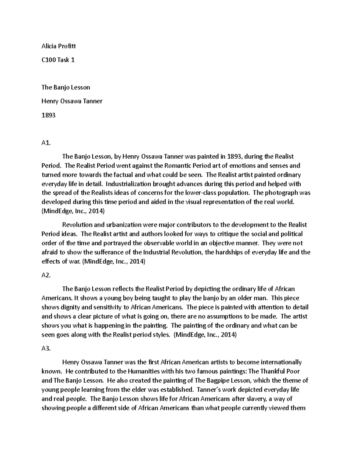 Humanities Task r - Alicia Profitt C100 Task 1 The Banjo Lesson Henry ...