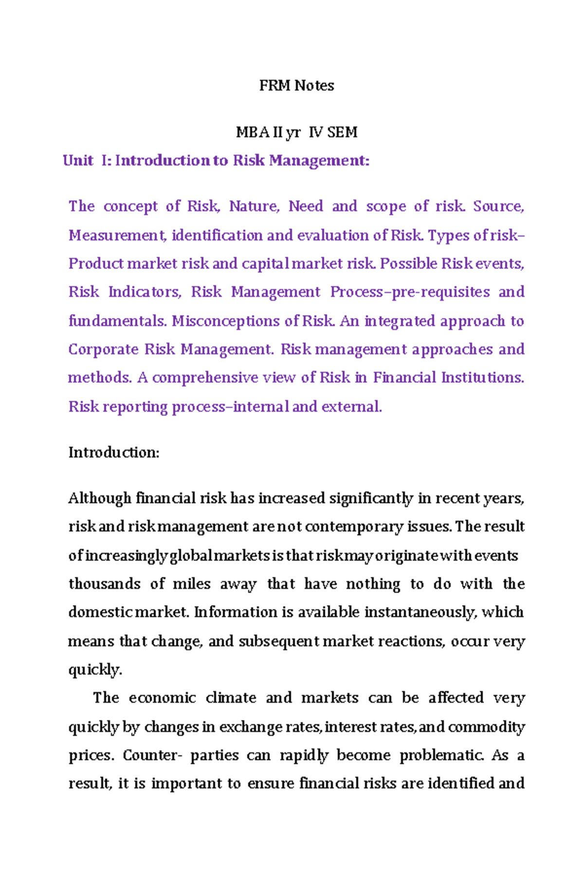 FRM - risk - FRM Notes MBA II yr IV SEM Unit I: Introduction to Risk ...