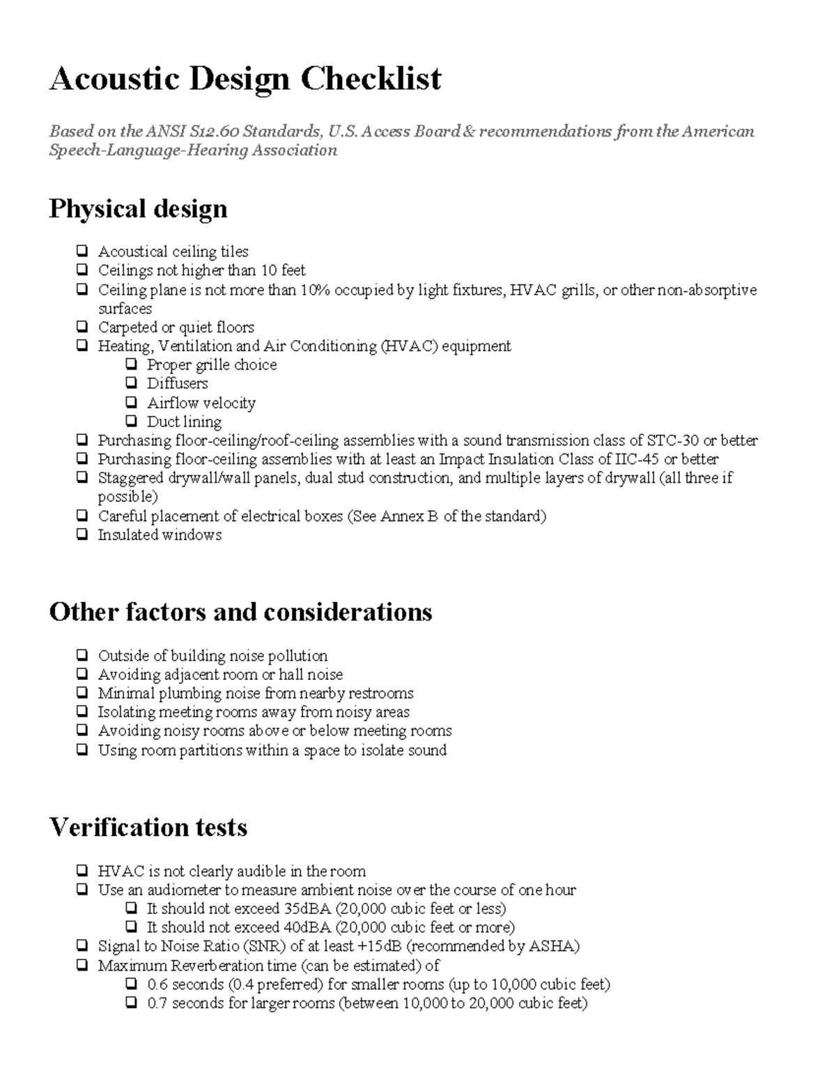 Acoustics Checklist tcm1063-398556 - Acoustic Design Checklist Based on ...