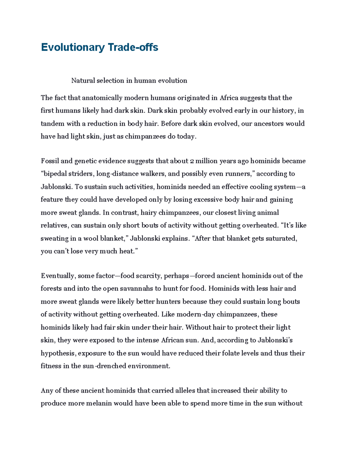 Bio ch. 19.4- Evolutionary Trade-offs - Evolutionary Trade-offs Natural ...