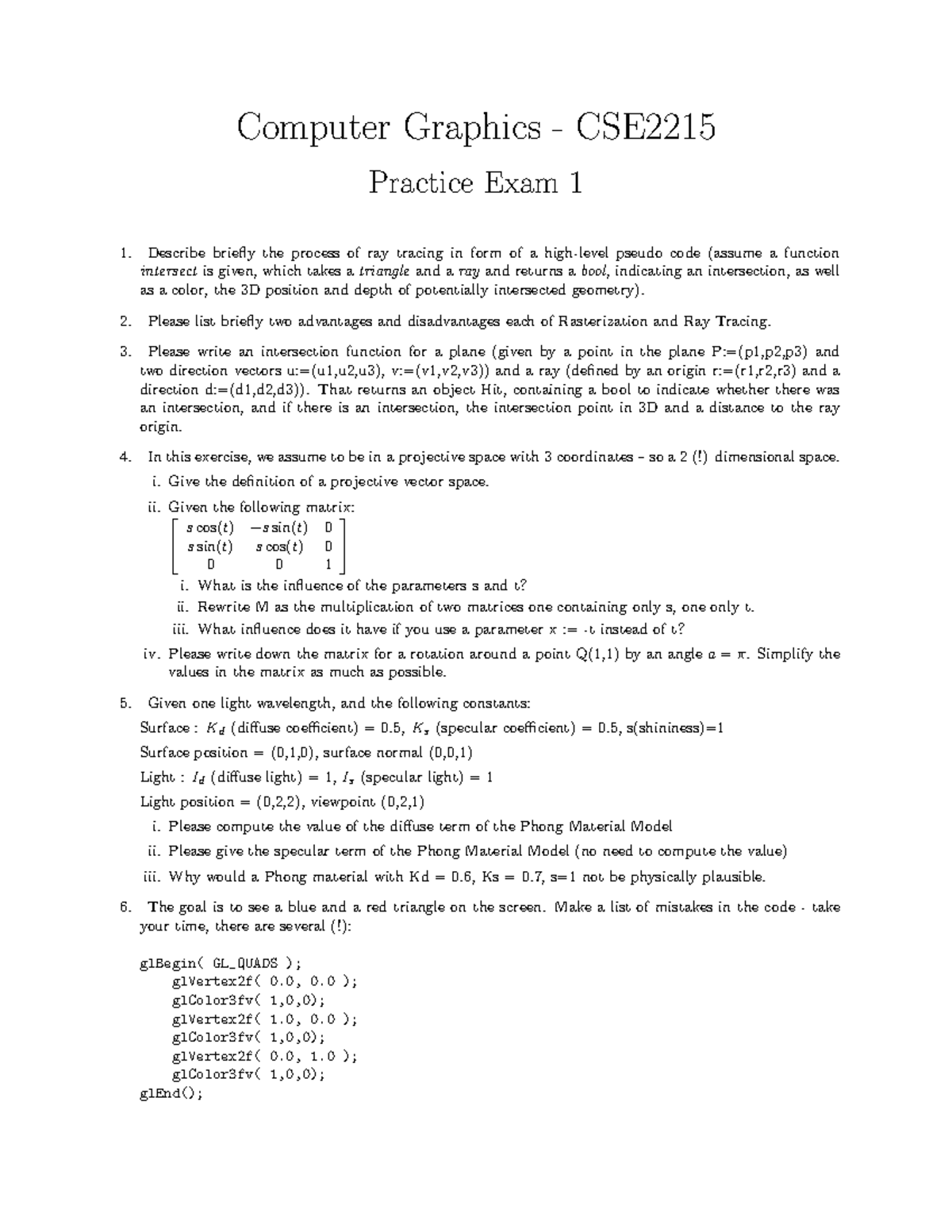 Practice exam 1 no answers - Computer Graphics - CSE Practice Exam 1 ...