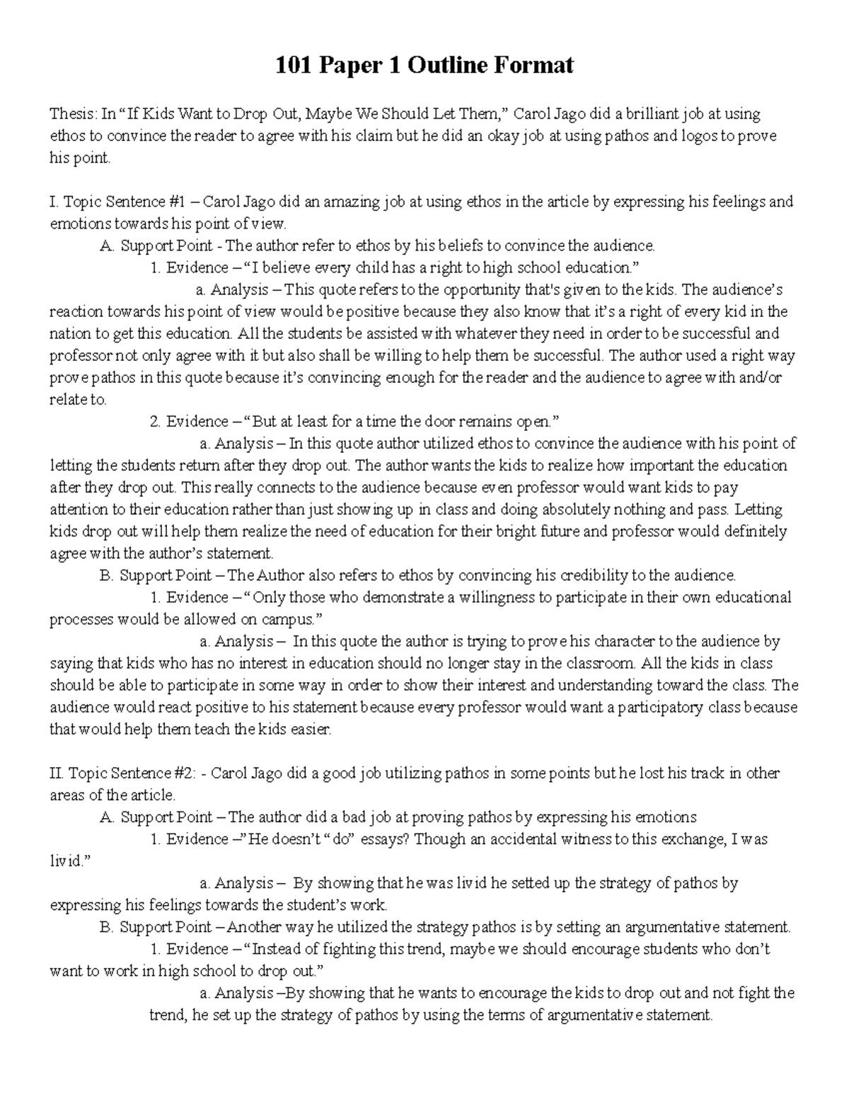 101 Paper 1 Outline Format - 101 Paper 1 Outline Format Thesis: In “If ...