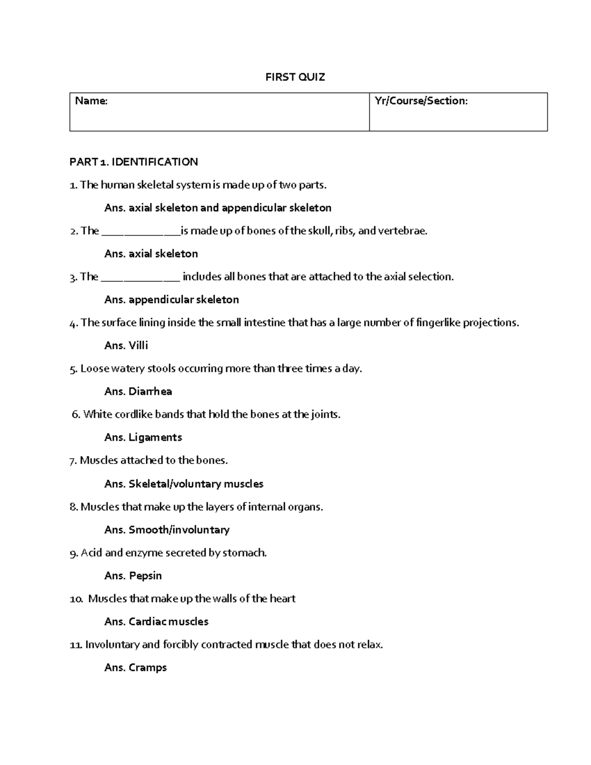 First QUIZ - Digestive, skeletal and muscular system - FIRST QUIZ Name ...