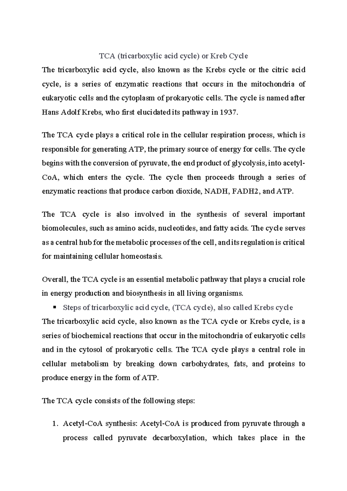 TCA - TCA - TCA (tricarboxylic acid cycle) or Kreb Cycle The ...